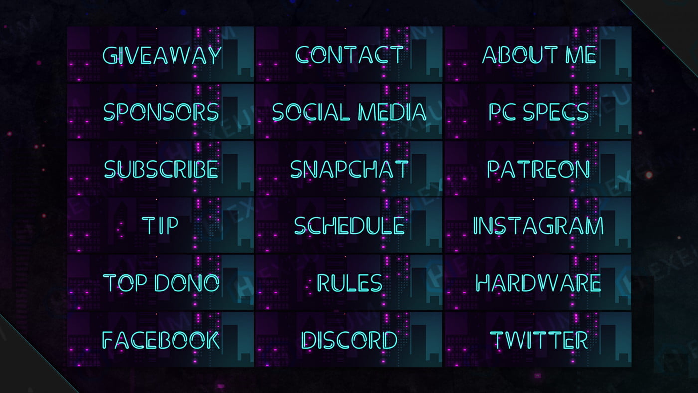 Neon City Vibrant Twitch Panels : Channel Buttons - Hexeum