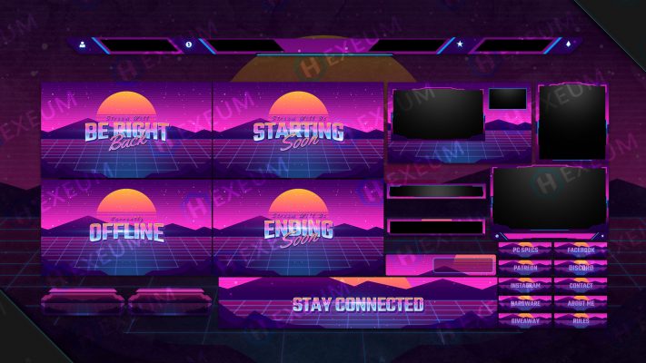 Sunset, Synthwave Animated OBS Overlay Package - Hexeum