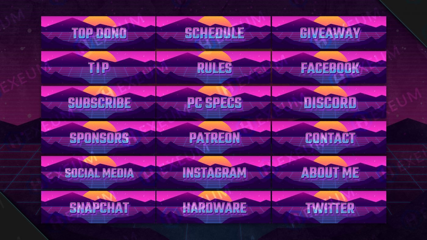 Sunset, Synthwave Animated OBS Overlay Package - Hexeum