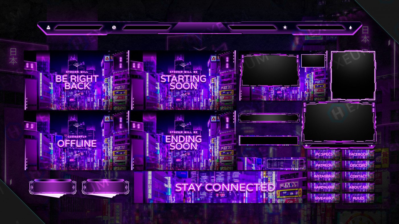 Downtown, Neon Themed Animated Obs Overlay Package - Hexeum